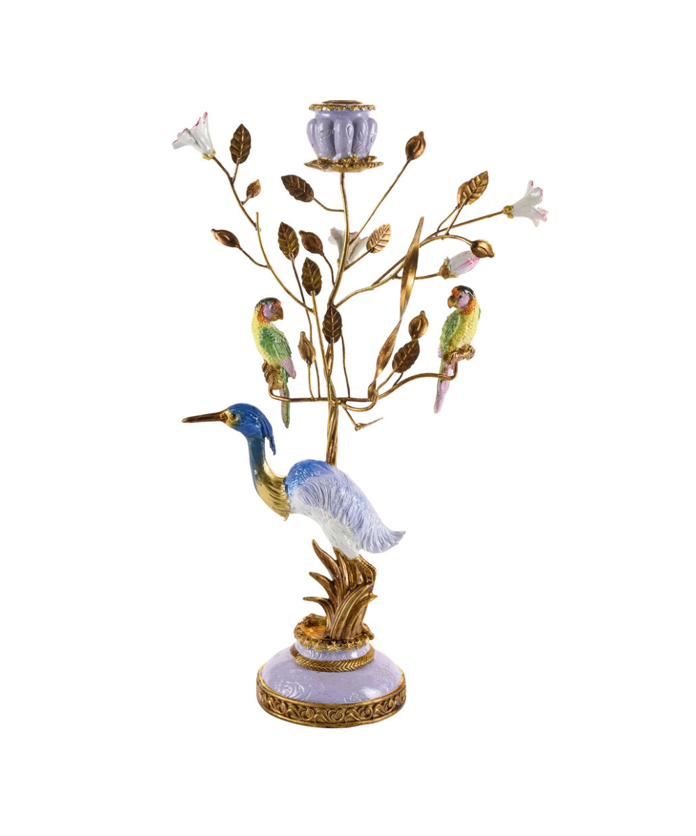 Lysestage med fugle og grene, lilla- H44 cm